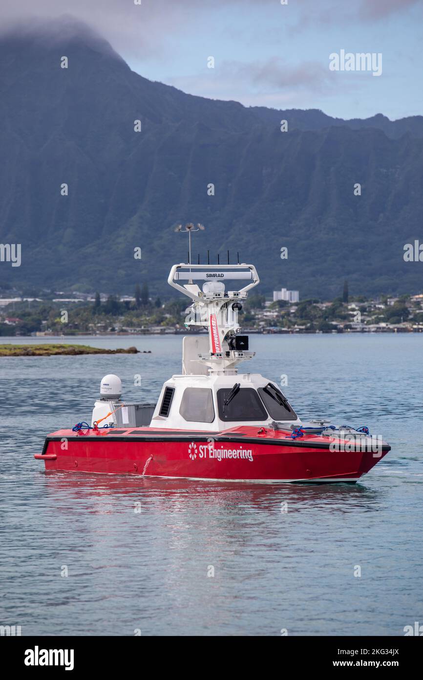 An ST Engineering vessel equipped with the AUTONOMAST system, conducts ...
