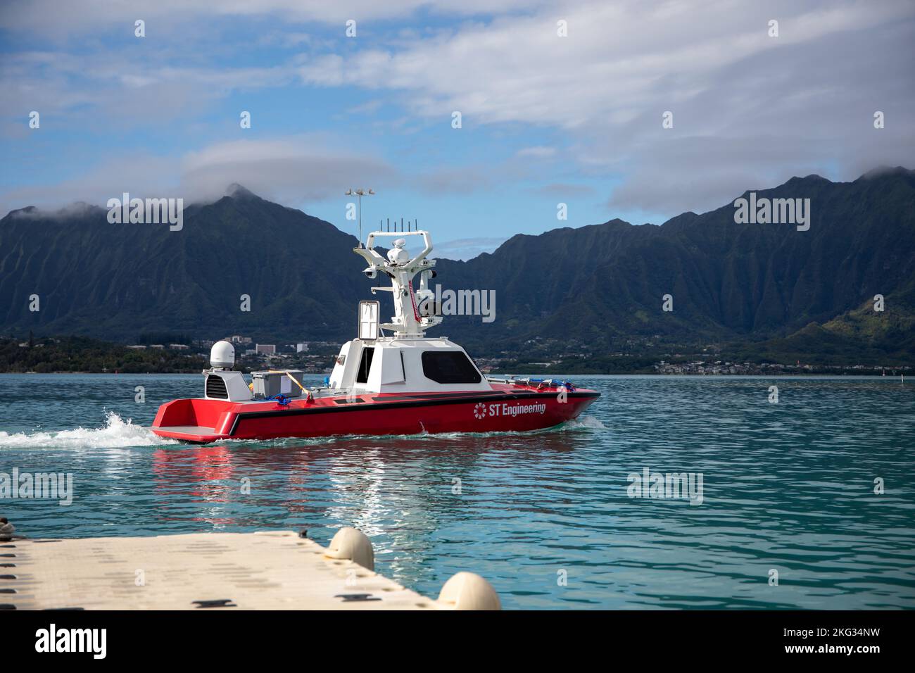 An ST Engineering vessel equipped with the AUTONOMAST system, conducts ...