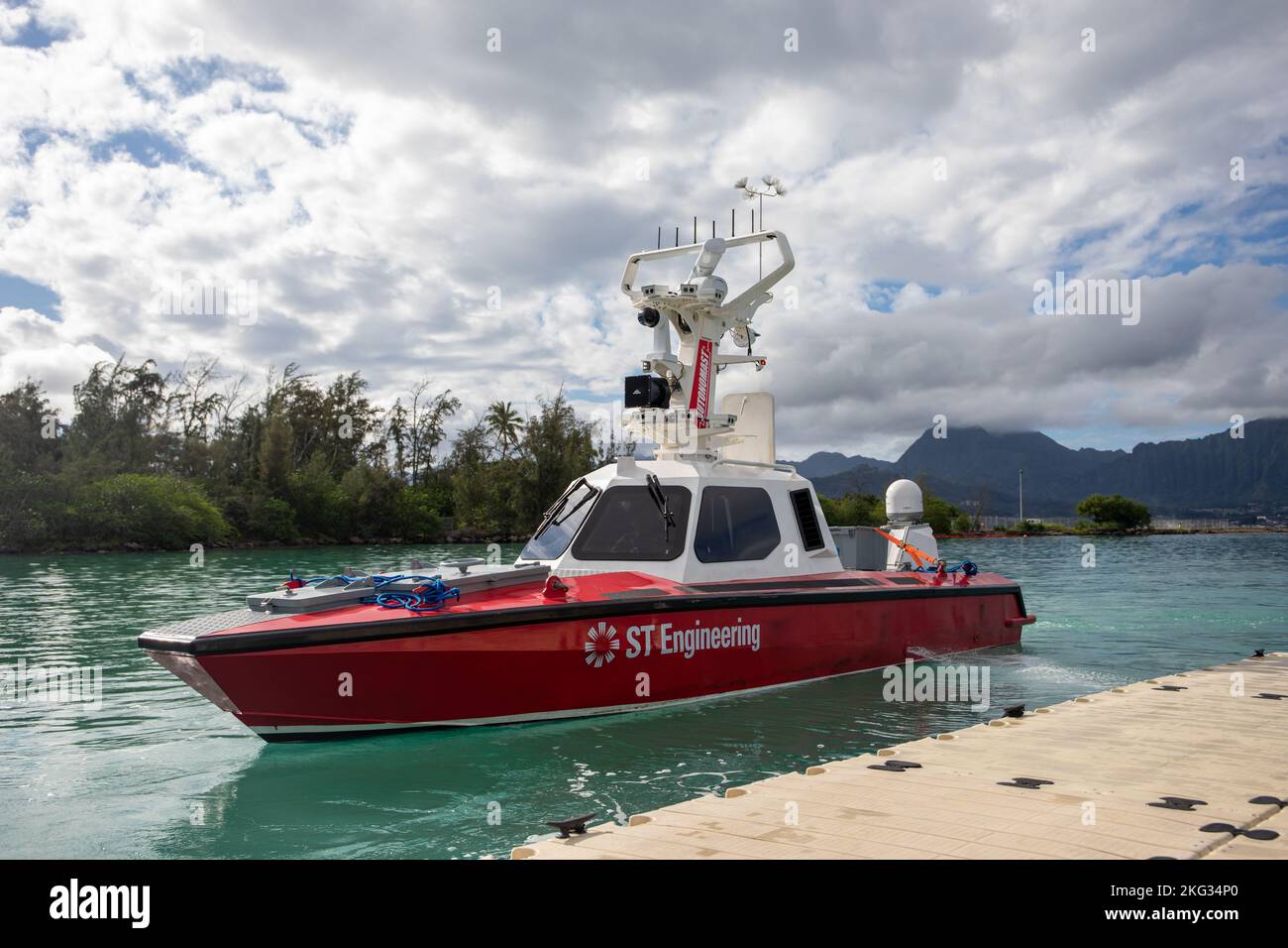 An ST Engineering vessel equipped with the AUTONOMAST system, conducts ...