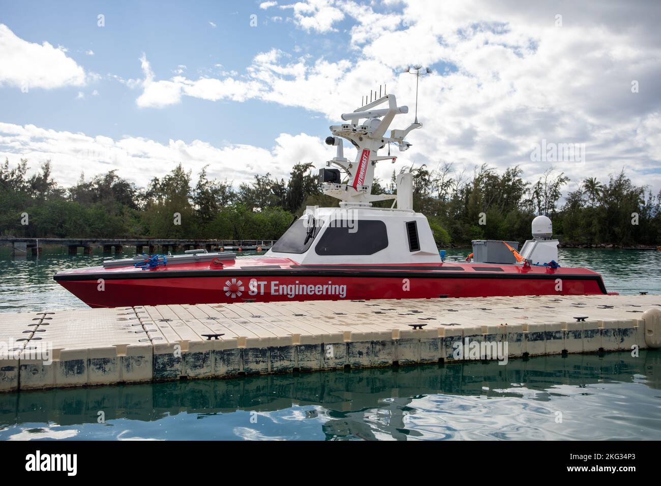 An ST Engineering vessel equipped with the AUTONOMAST system, conducts ...