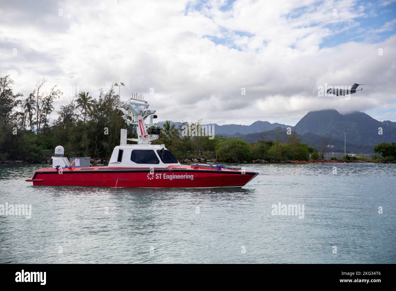 An ST Engineering vessel equipped with the AUTONOMAST system, conducts ...