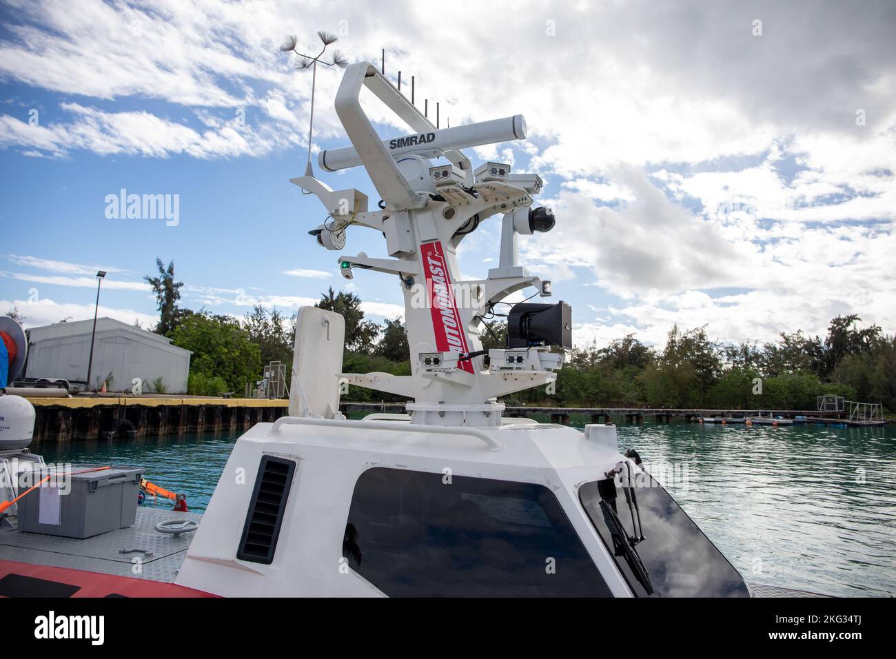 An ST Engineering vessel equipped with the AUTONOMAST system, conducts ...