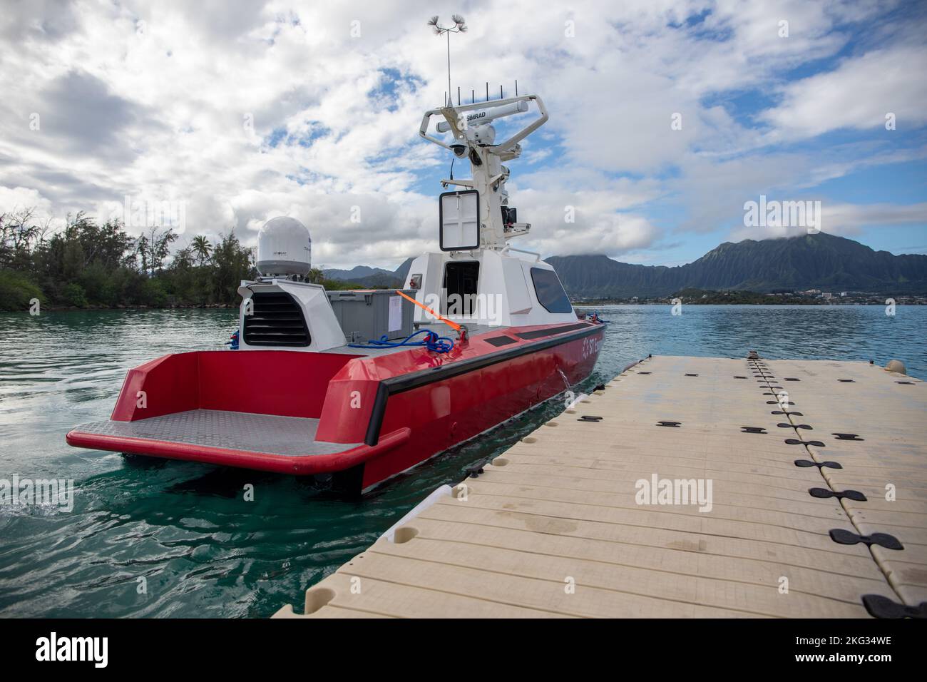 An ST Engineering vessel equipped with the AUTONOMAST system, conducts ...