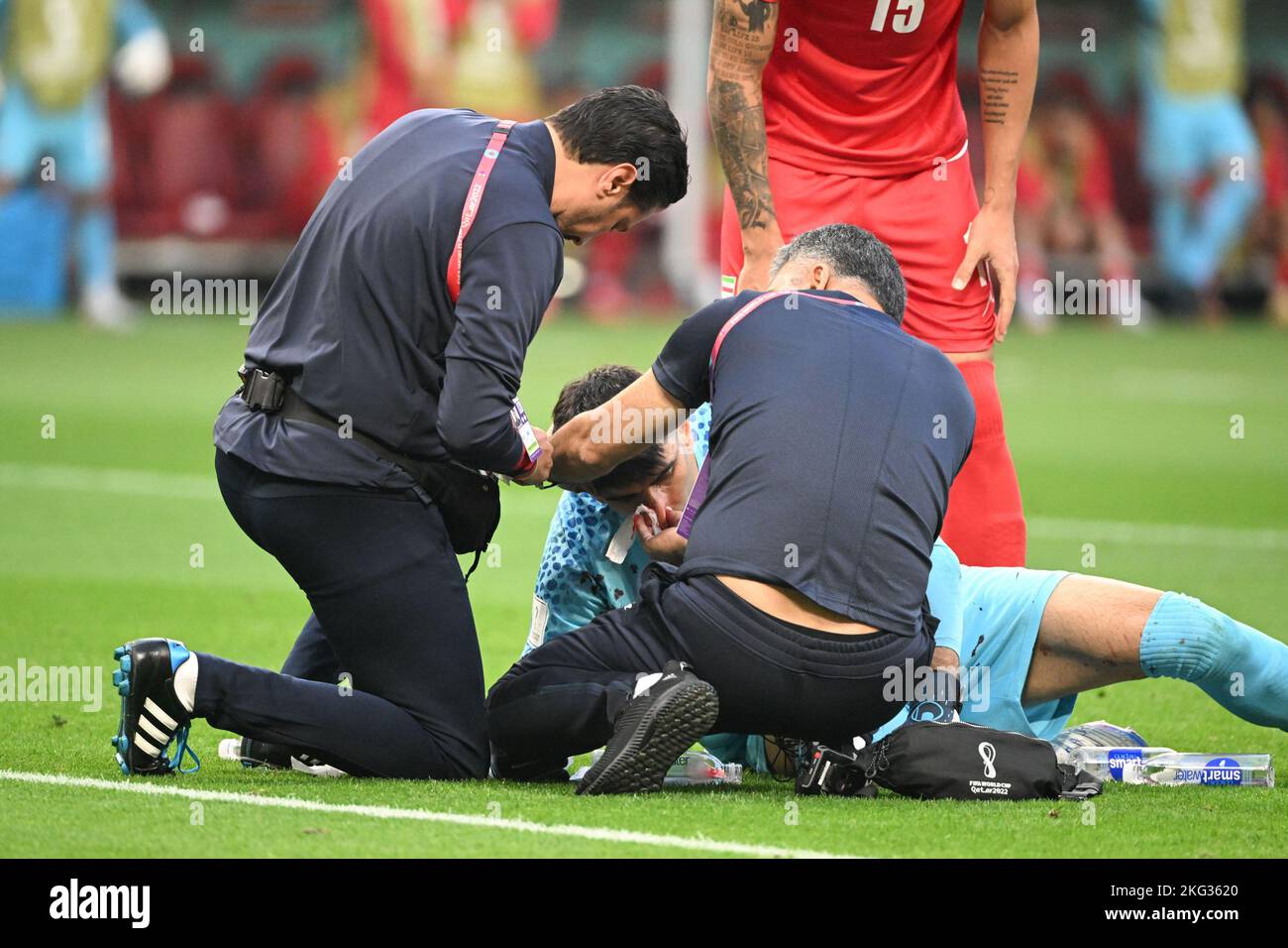 Doha, Qatar. 21st Nov, 2022. Alireza Beiranvand (C), goalkeeper of Iran ...
