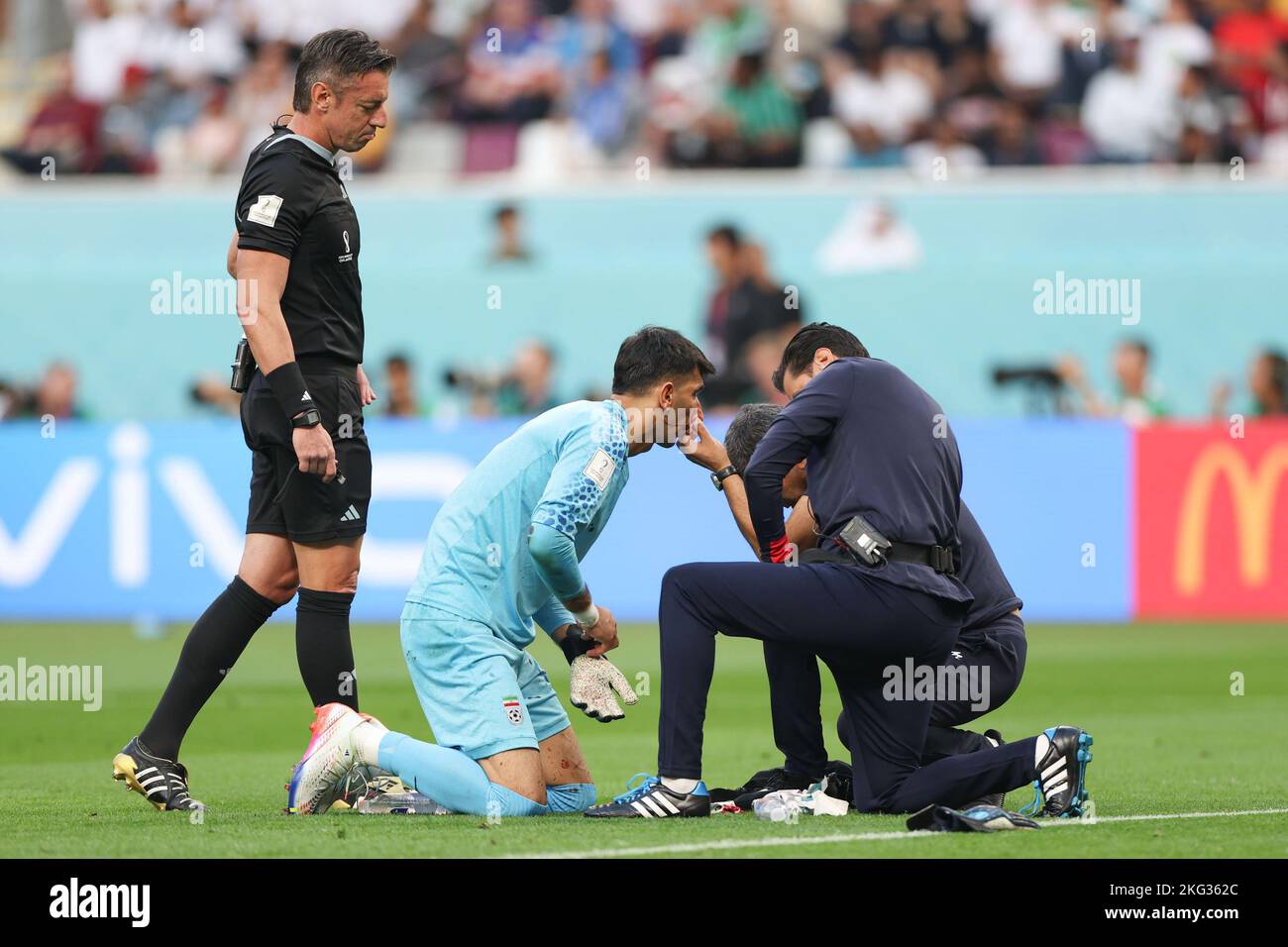 Doha, Qatar. 21st Nov, 2022. Alireza Beiranvand (2nd, L), goalkeeper of ...