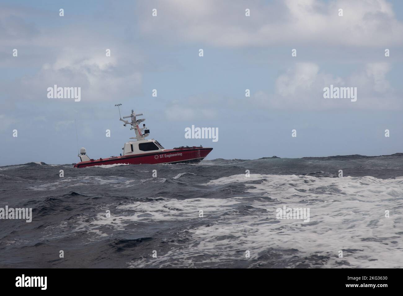 An ST Engineering vessel equipped with the AUTONOMAST system, conducts ...