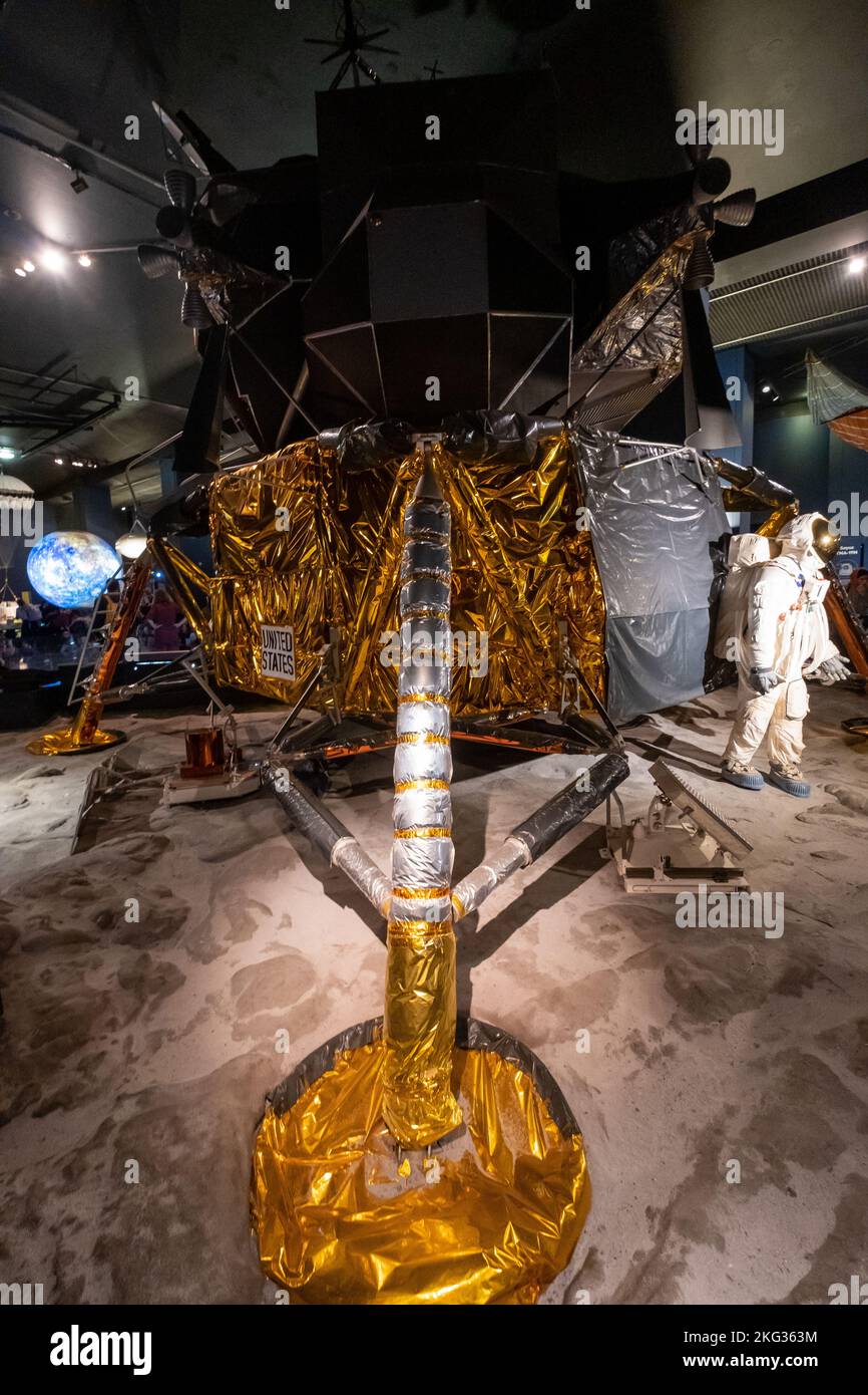A vertical shot of the replica of Apollo 11 with Buzz Aldrin in Science ...