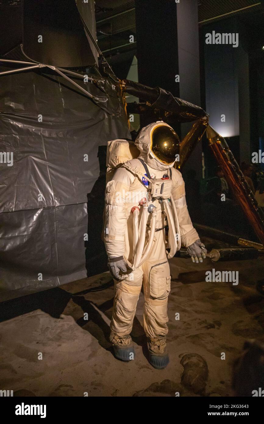 A vertical shot of the replica of Apollo 11 with Buzz Aldrin in Science ...
