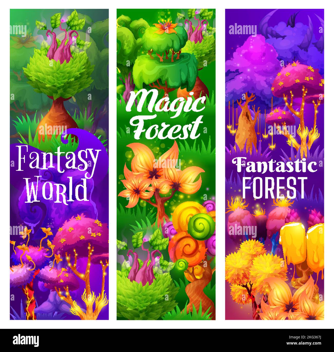 Fantastic and fairy magic trees and plants, fairytale forest. Cartoon ...