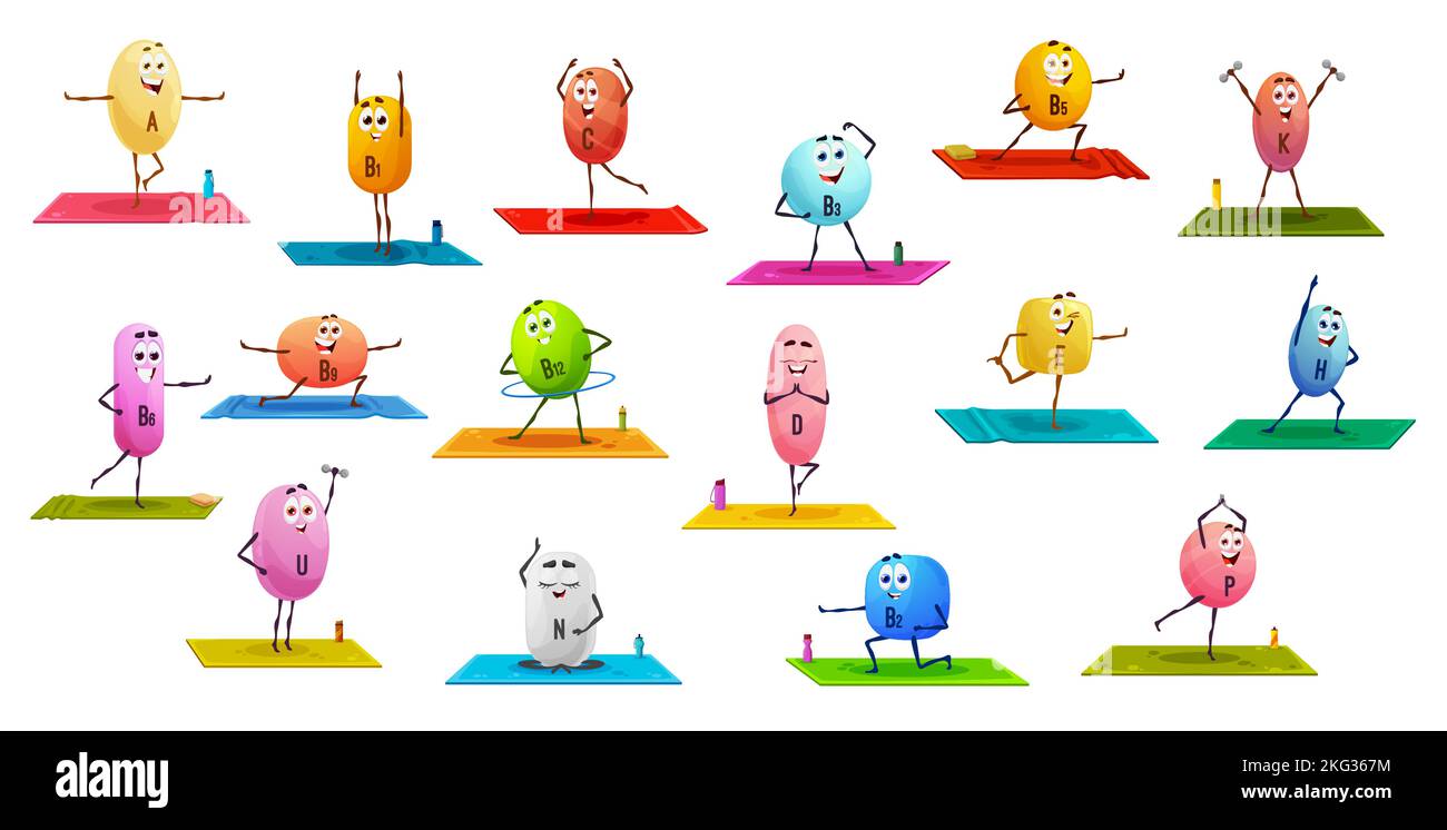 Cartoon vitamin characters and personages on yoga fitness. Vitamins ...