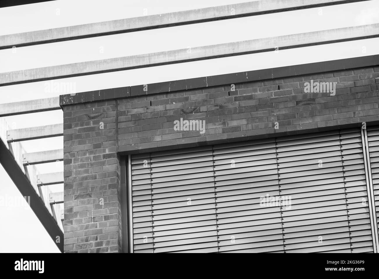The low-angle grayscale view of a brick-built building's facade with ...