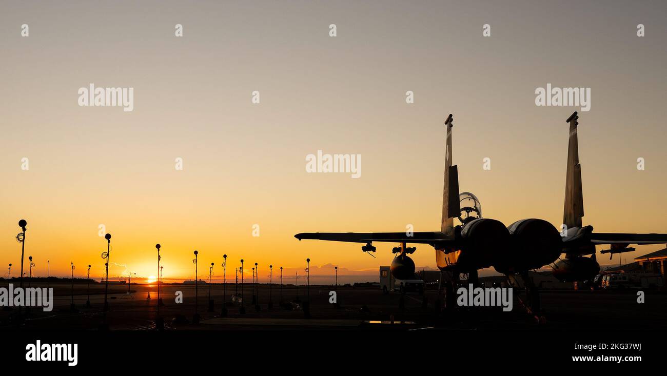 The sun rises on an F-15EX Eagle II after a night of ground testing Oct ...