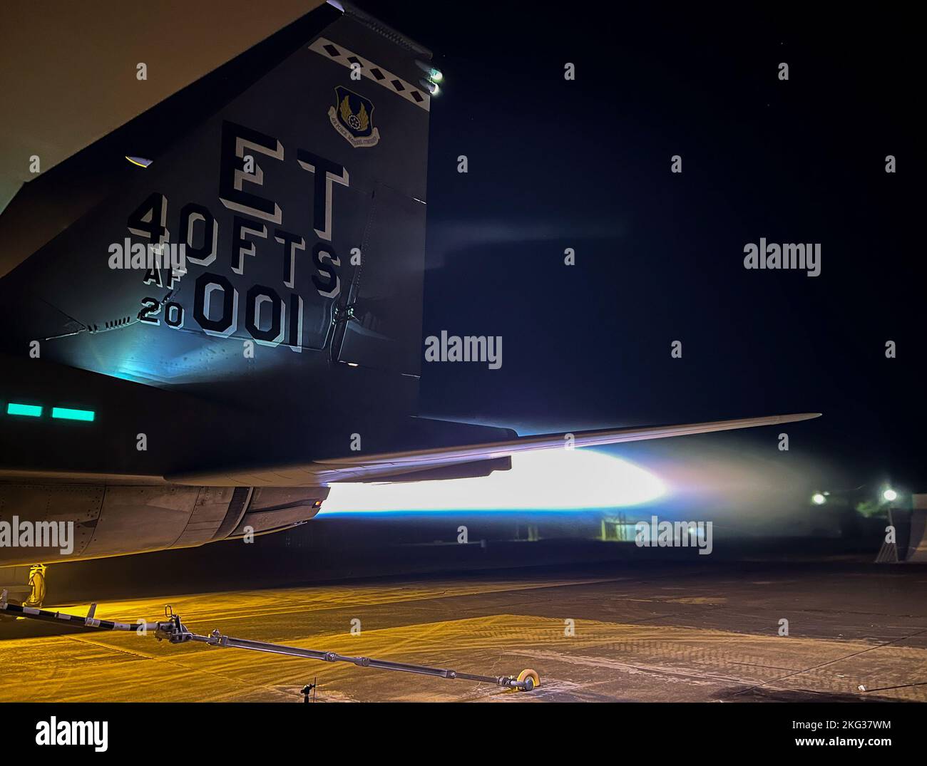 The F-15EX Eagle II’s afterburners light up the night during a ground ...
