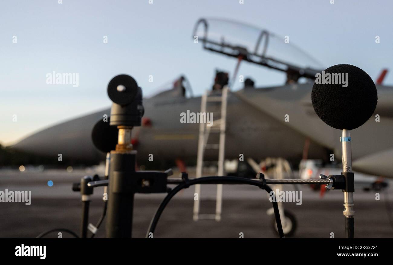 Microphones record the sounds of the F-15EX Eagle II’s engines during a ...