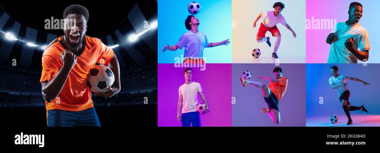 Multiethnic professional soccer football players in football kits in ...