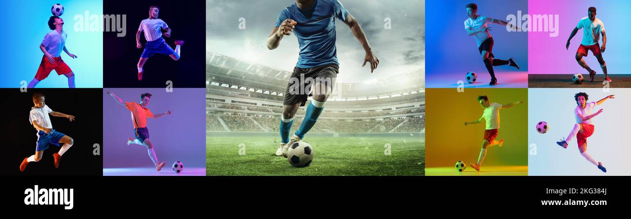 Collage made of images of different professional male sportsmen, soccer ...