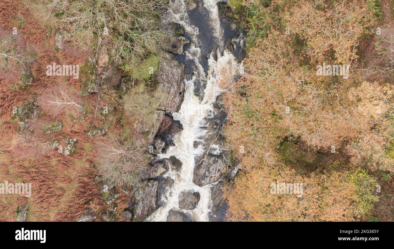 Aerial view of the River Towy cascade at Gwenffrwd Dinas RSPB Nature ...