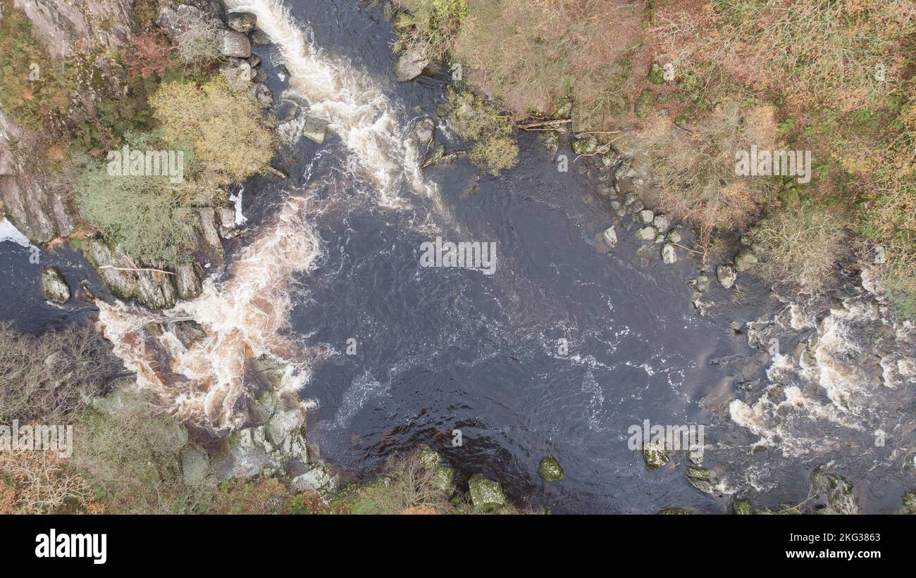Aerial view of the River Towy cascade ending in the junction pool with ...