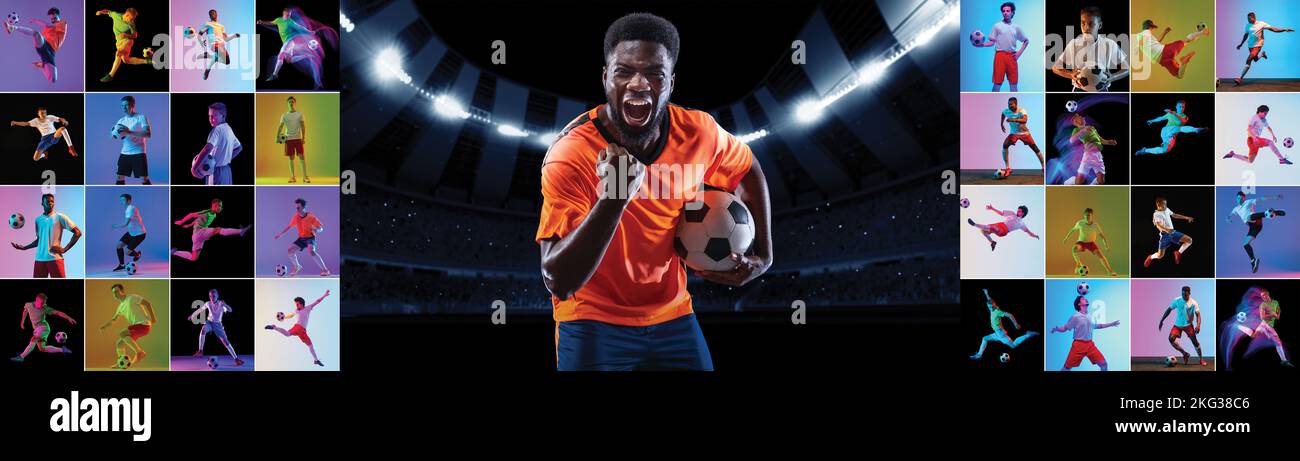 Collage made of images of different professional male sportsmen, soccer ...