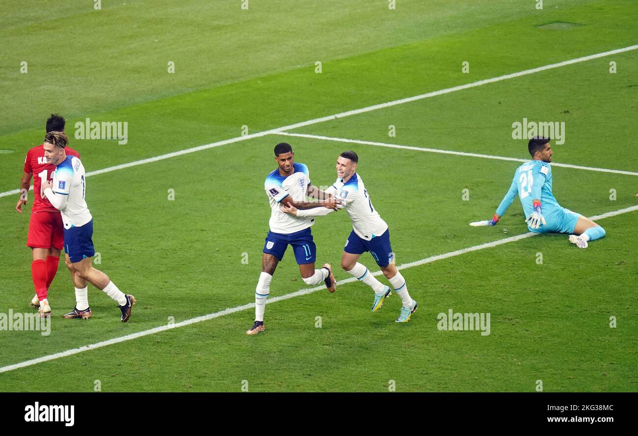 England's Marcus Rashford celebrates scoring his sides fifth goal with ...