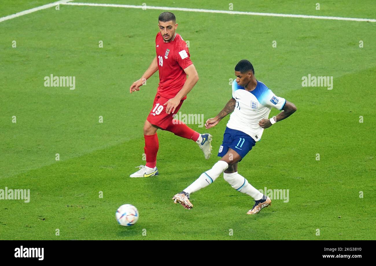 England's Marcus Rashford scores his sides fifth goal during the FIFA ...