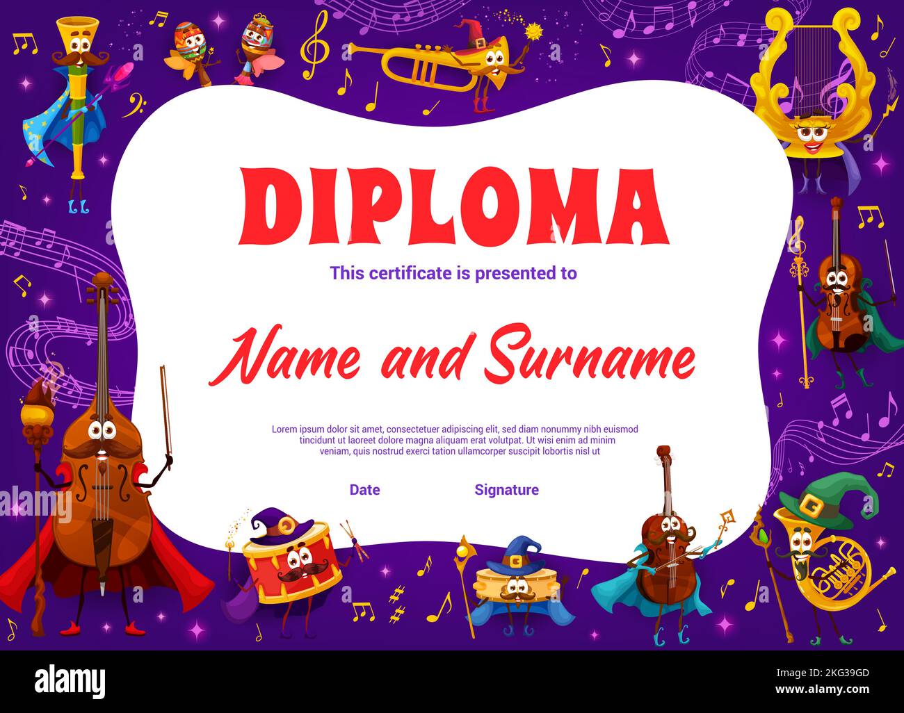 Kids diploma, sound and music waves, mage and wizard musical instrument ...