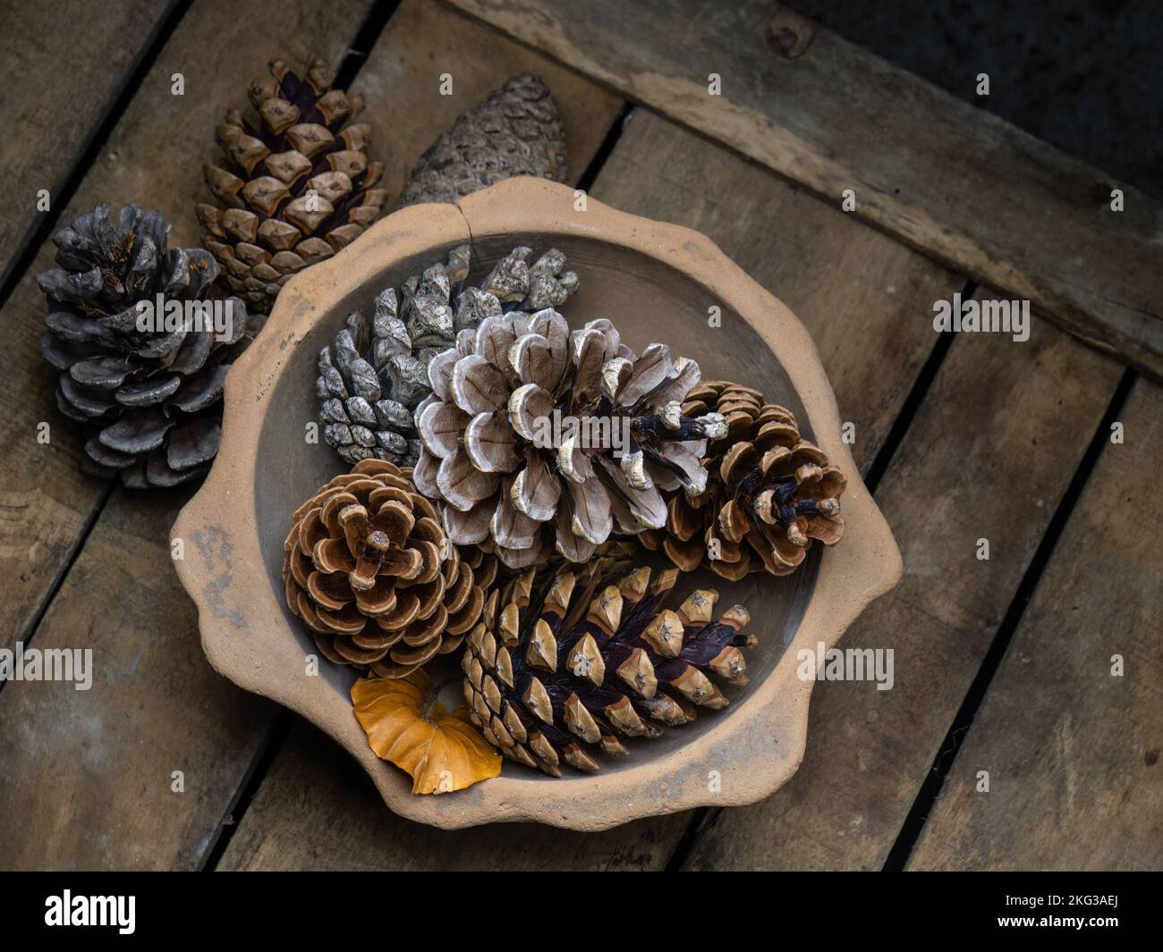 An old, pottery bowl full of pine cones on wooden box. Rustic Stock ...