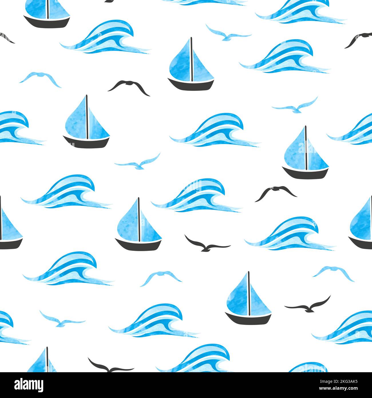Seamless sea pattern with blue watercolor waves and boats Stock Vector ...