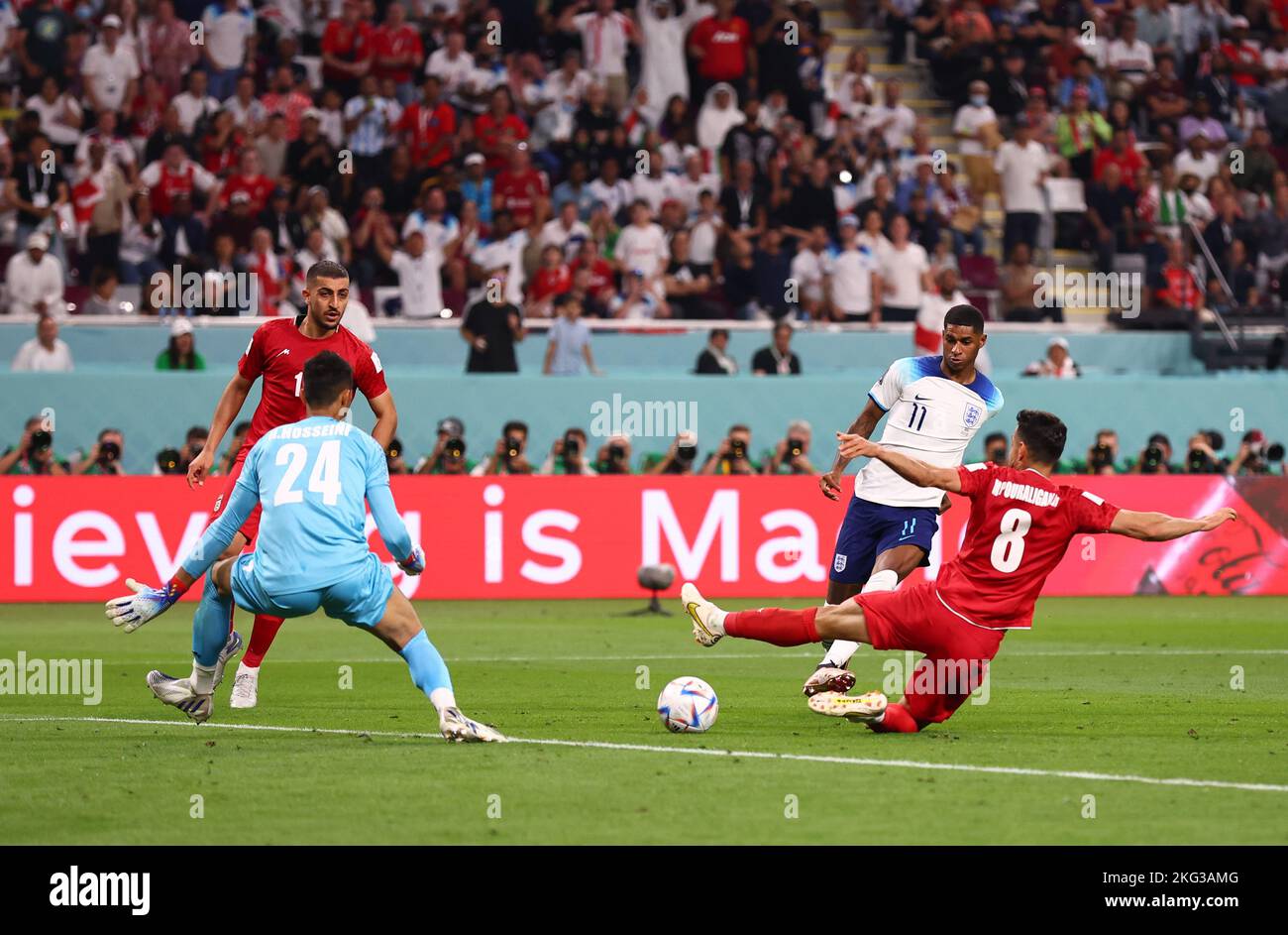 Doha, Qatar. 21st Nov, 2022. Marcus Rashford of England scores the ...
