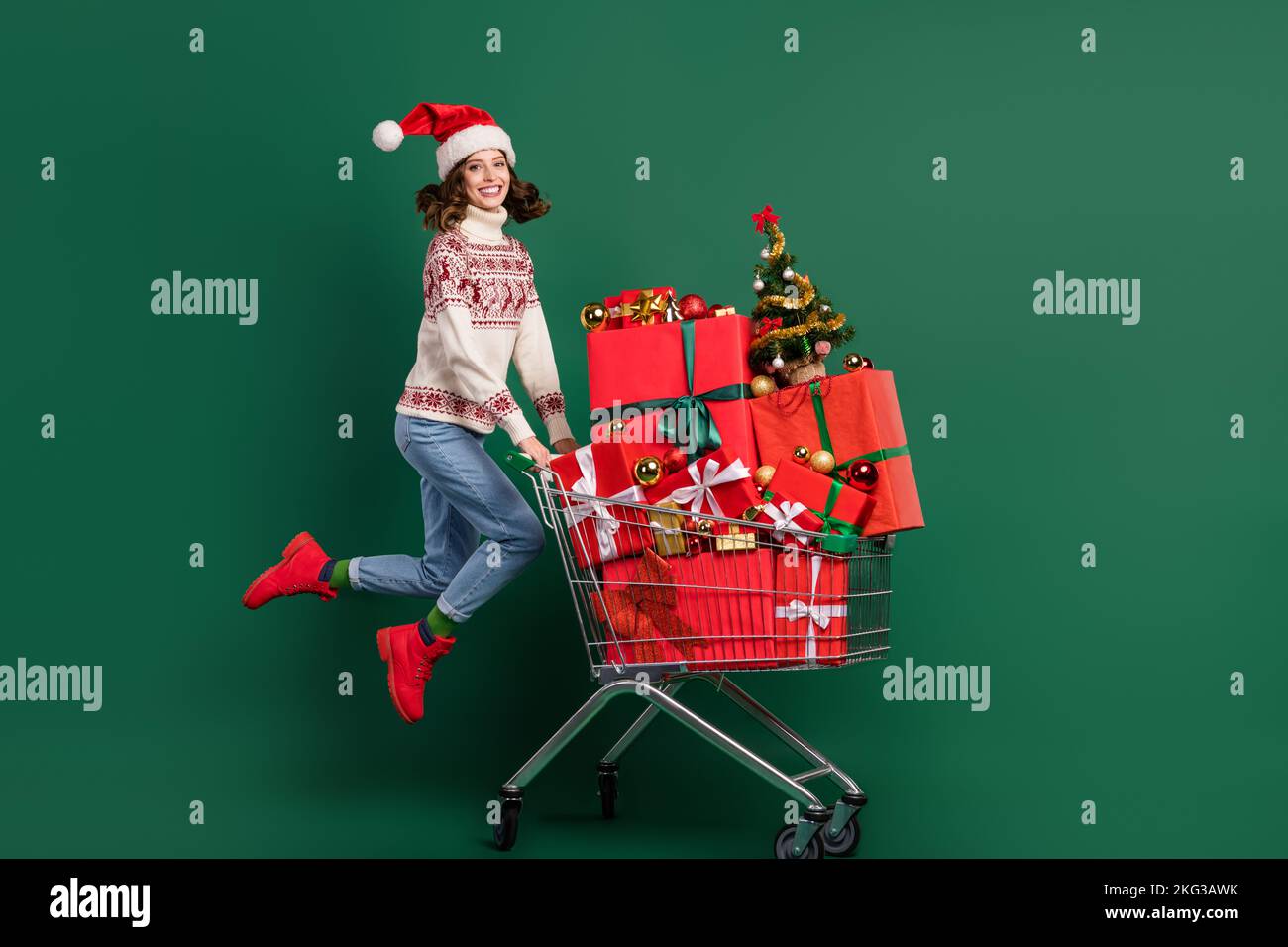 Full size photo of excited crazy girl jumping push market trolley pile ...
