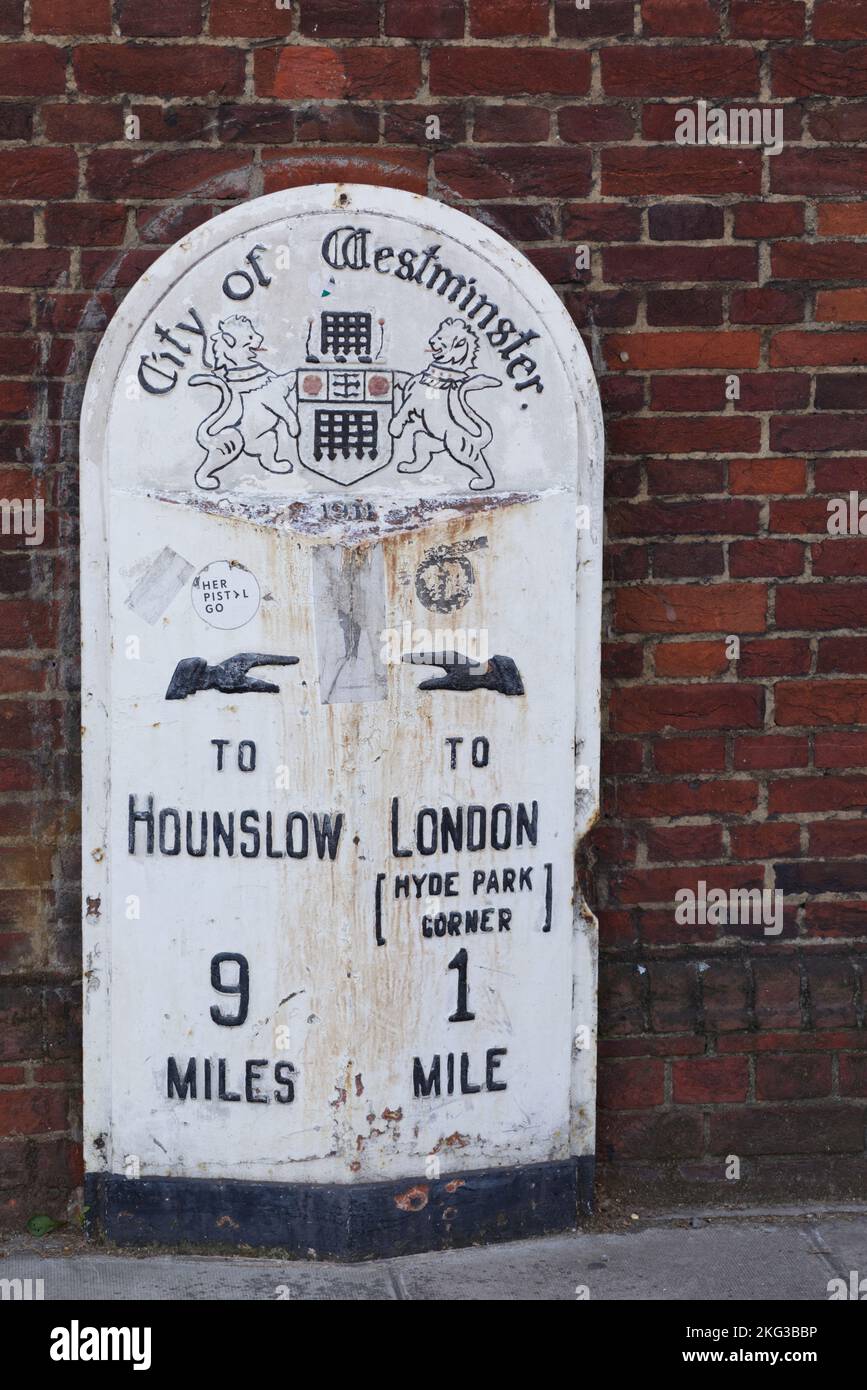 city of Westminster old metal milestone, between London and Hounslow ...