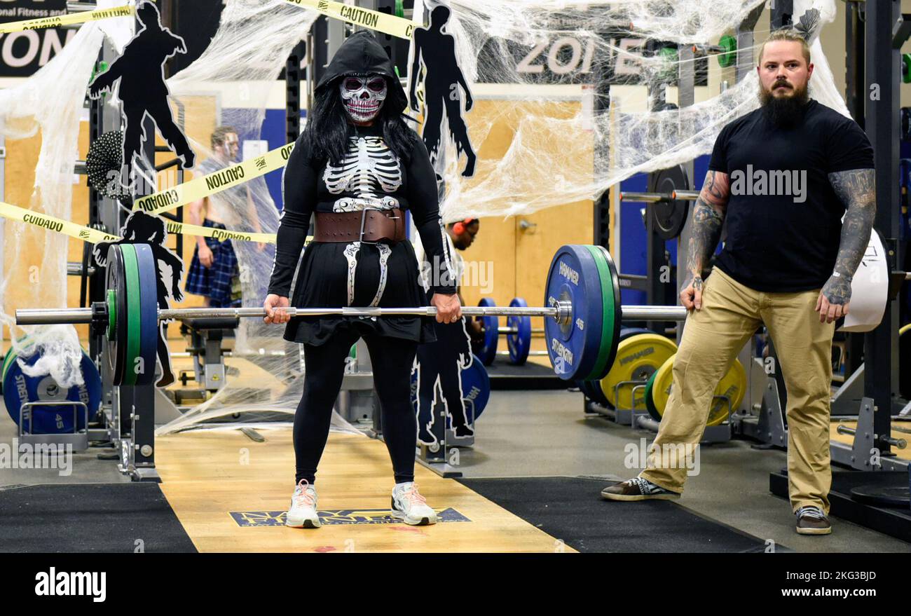 Richelle Wiggins, dressed in a skeleton costume, participates in the ...
