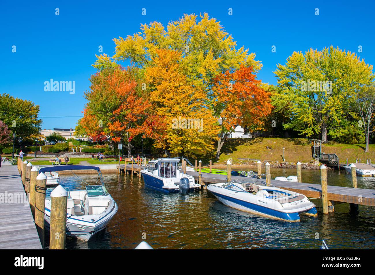 Yachts docked at Marina in fall in in Back Bay in historic town center ...