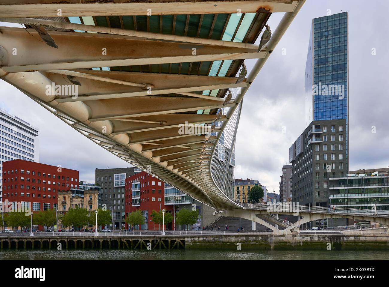 Zubizuri Bridge (Santiago Calatrava Bridge) and Isozaki Tower Nervion ...