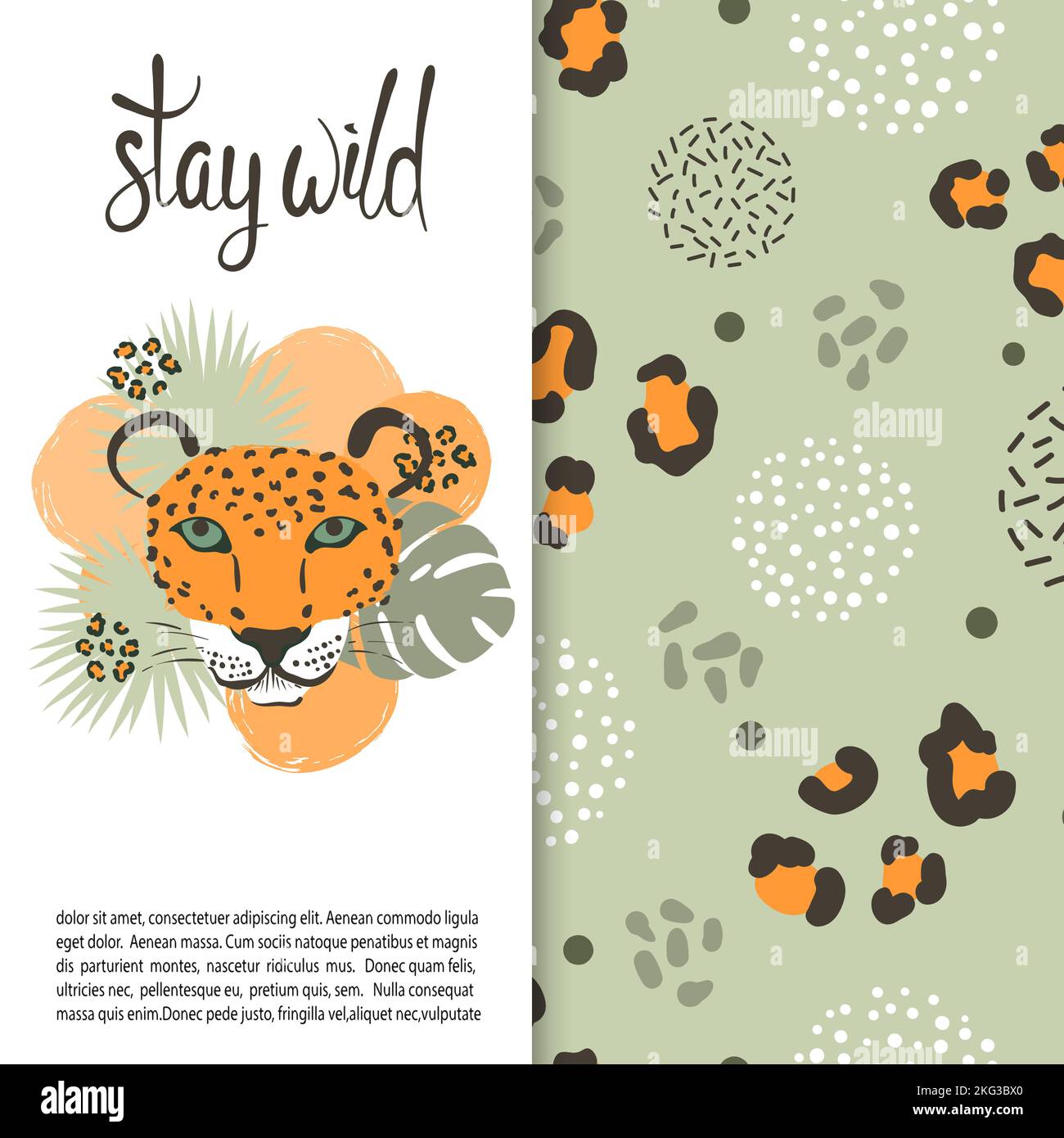Cute leopard with tropical leaves. Stay wild lettering. Animal pattern ...