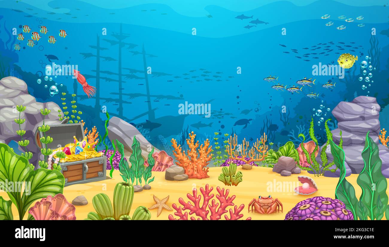Cartoon underwater landscape with sunken frigate ship. Vector game ...