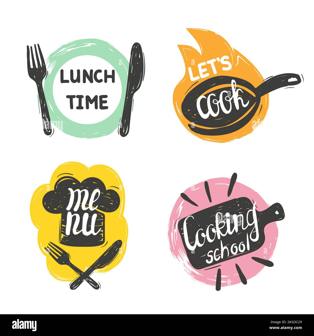 Doodle cooking food logo set. Hand drawn vector kitchen badges, labels ...