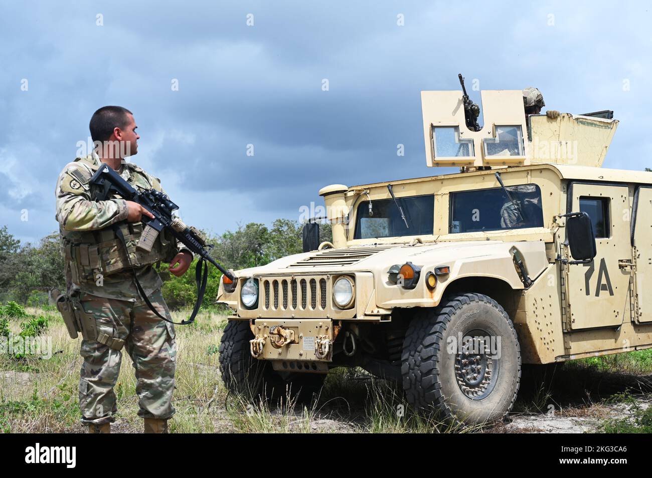 U.S. Army security personnel hold overwatch during an inspection of the ...