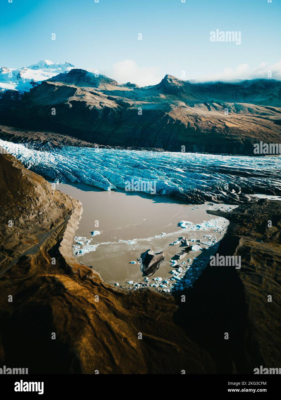 A vertical high-angle of Vatnajokull ice cap in Iceland clear sunlit ...