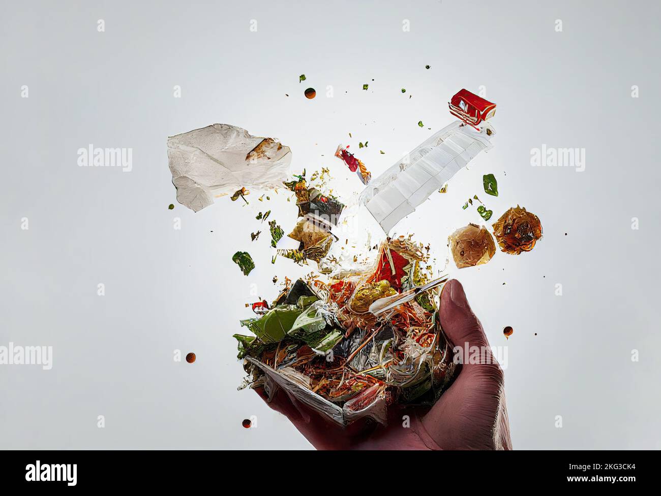 Garbage on the human hand is scattered all around on white background ...