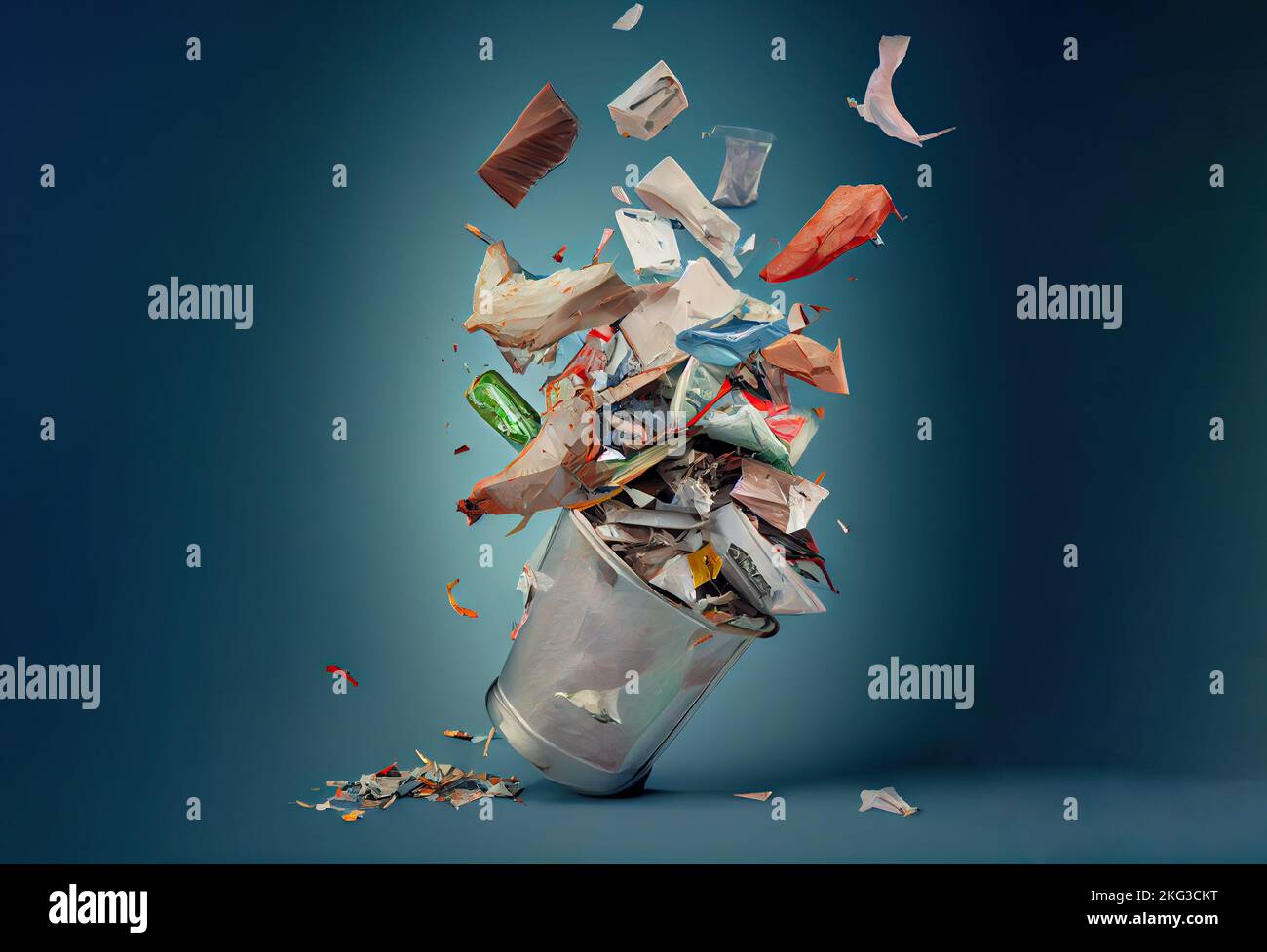 Trash is strewn all around a garbage can on a studio background ...