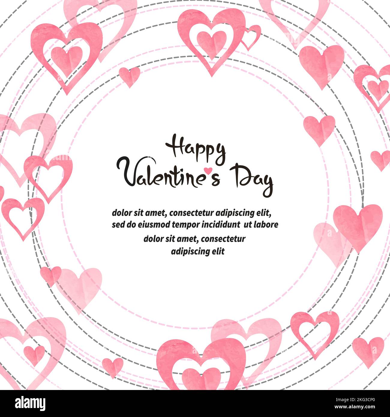 Valentines Day circle frame with watercolor pink hearts. Love vector ...