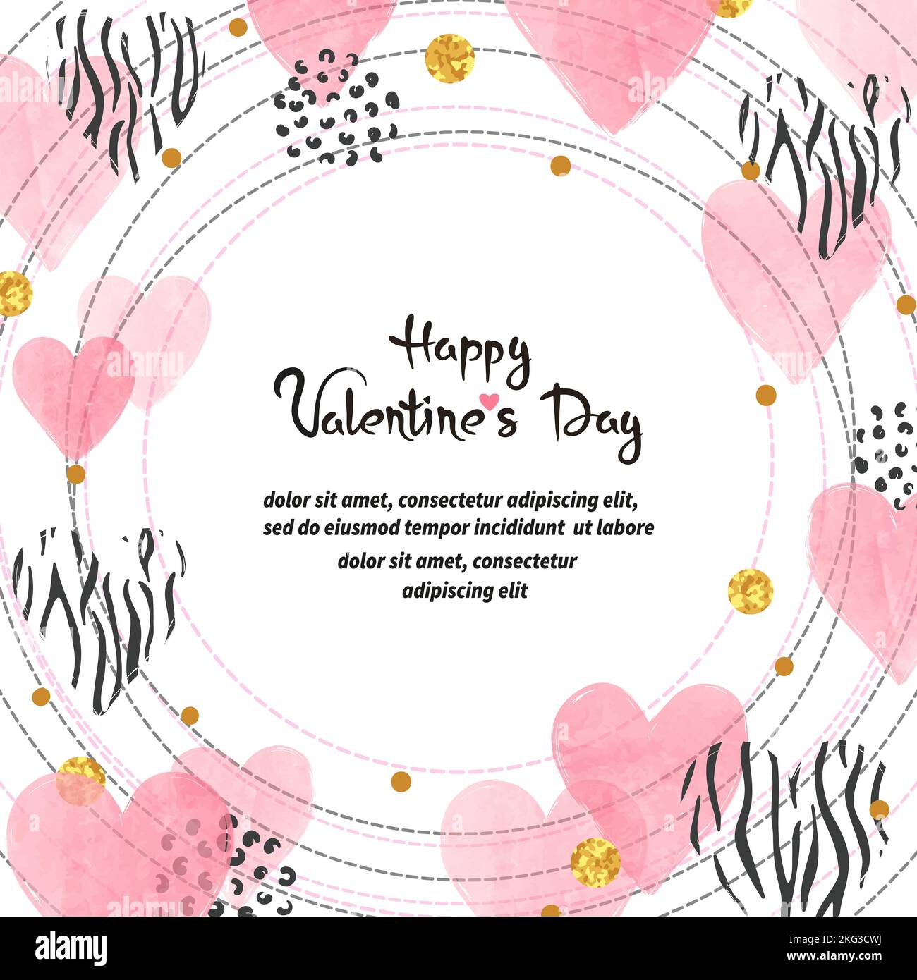 Valentines Day circle frame with watercolor pink hearts. Love vector ...