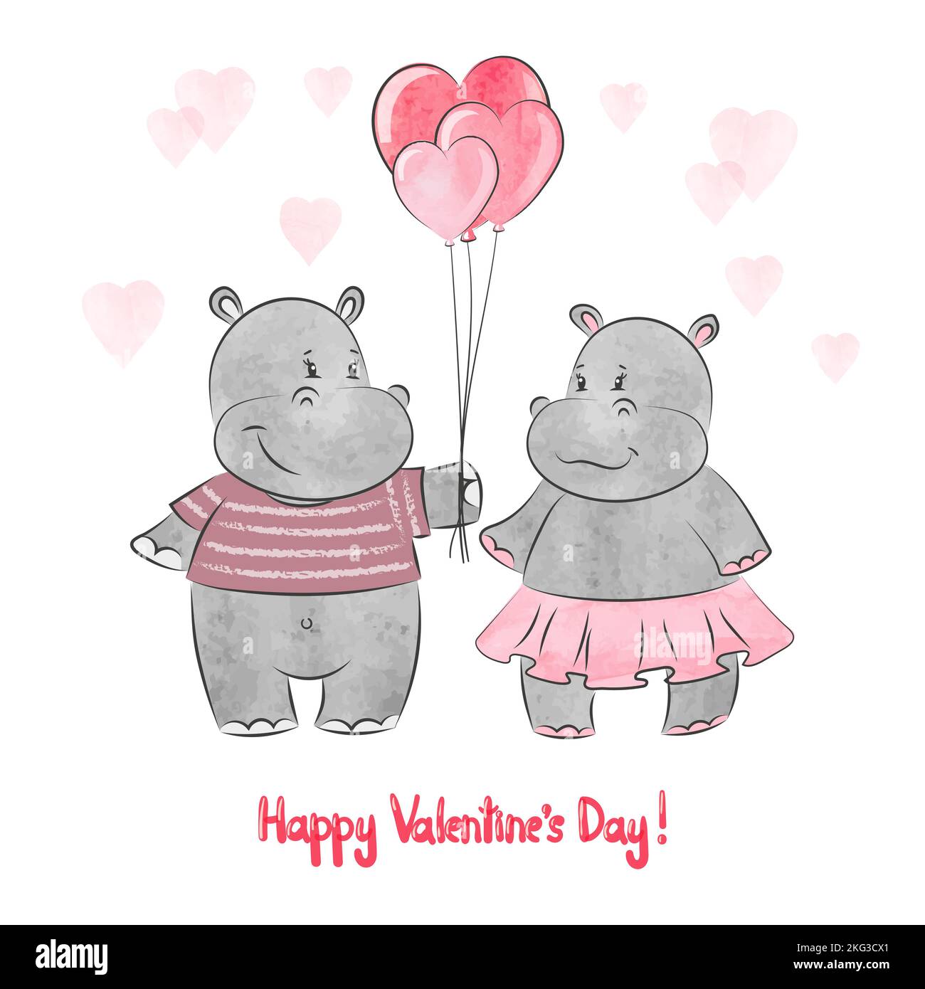 Watercolor cute hippo in love. Valentine's day card design Stock Vector ...