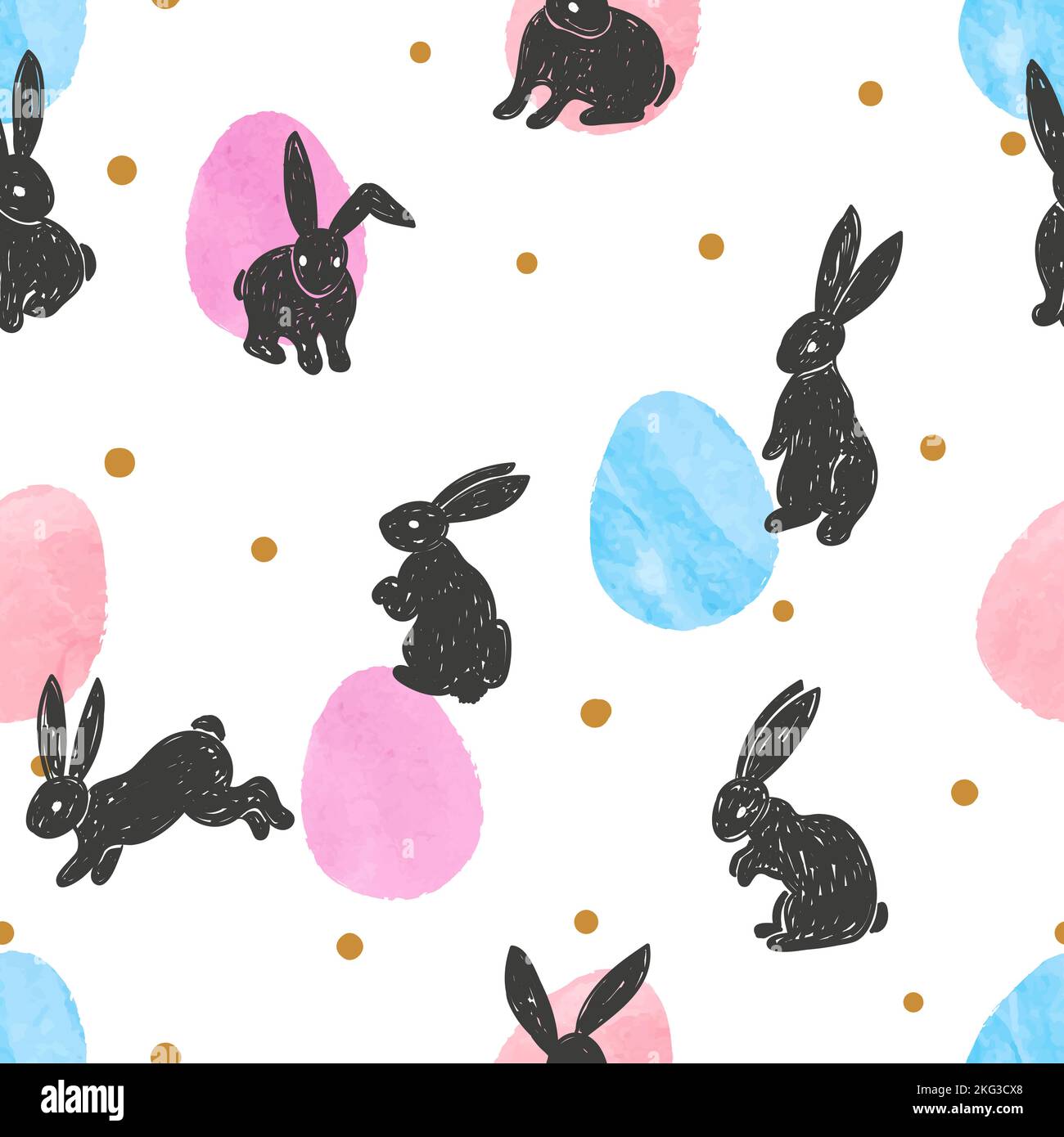 Seamless Easter pattern with cute bunnies and watercolor eggs Stock ...