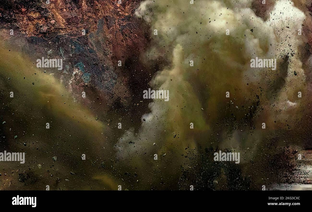 Extreme close up of dynamite blast on the mining site in the Middle ...
