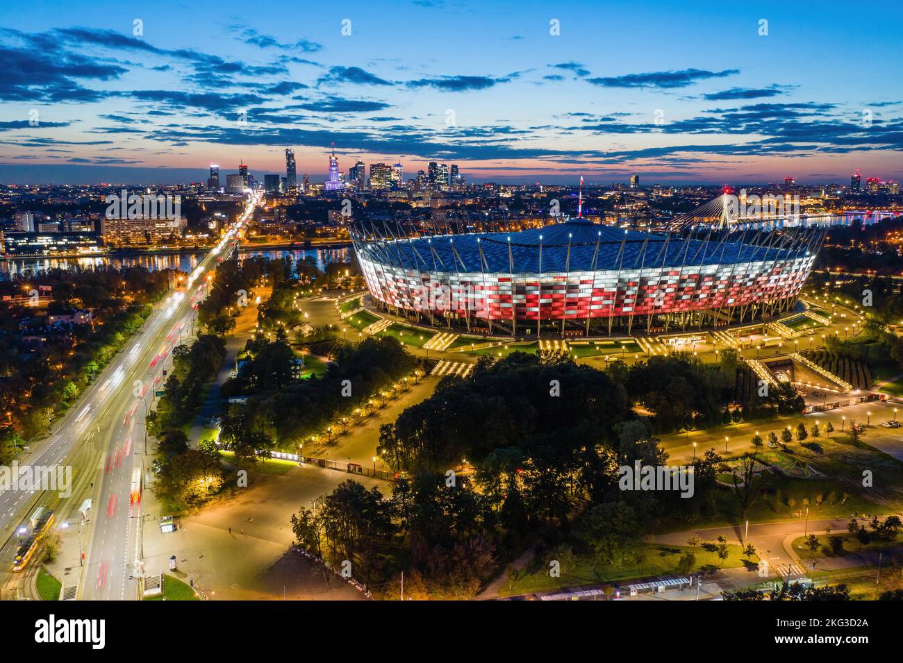 Dusk over the city, aerial landscape of Warsaw skyscrapers and national ...