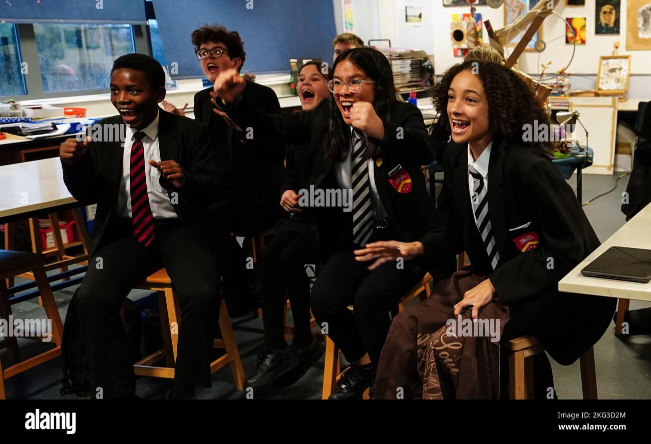 Children at Caludon Castle School, Coventry, celebrate England's sixth ...
