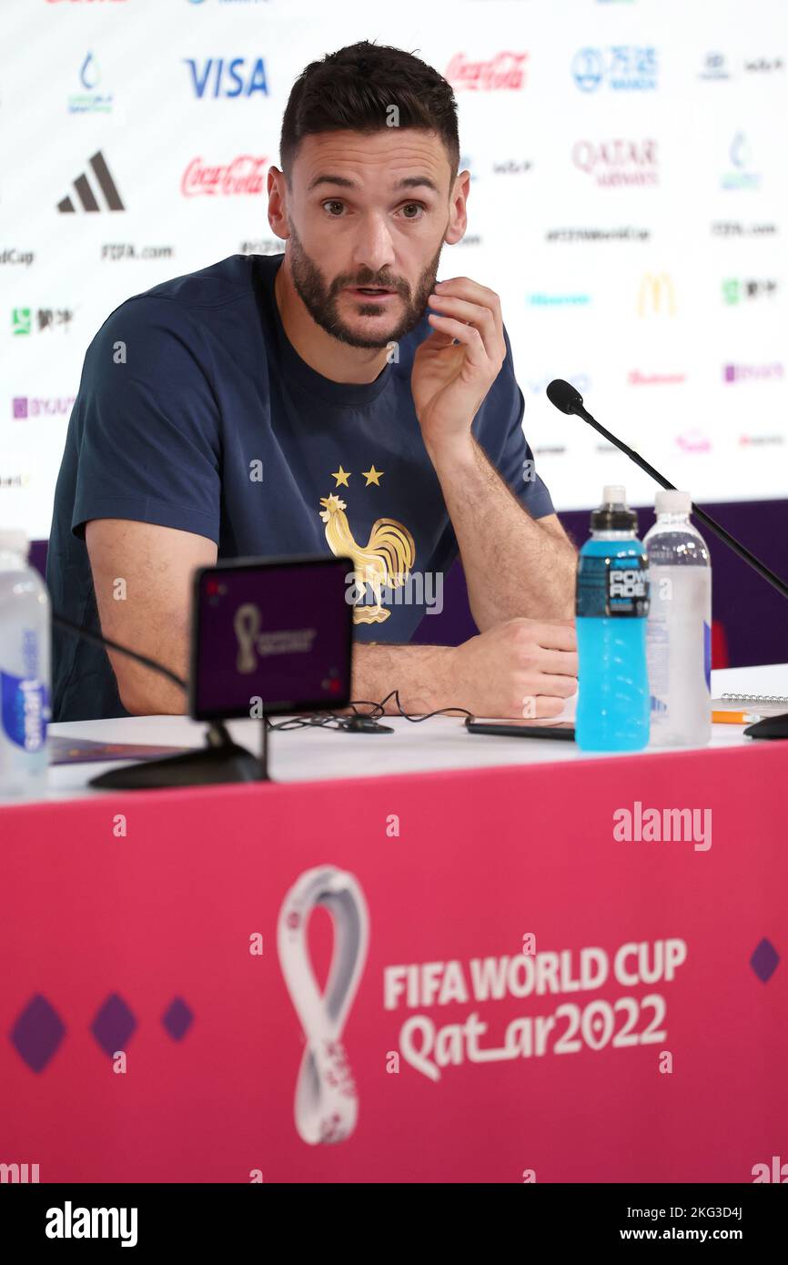 France goalkeeper Hugo Lloris speaks during the France Press Conference ...