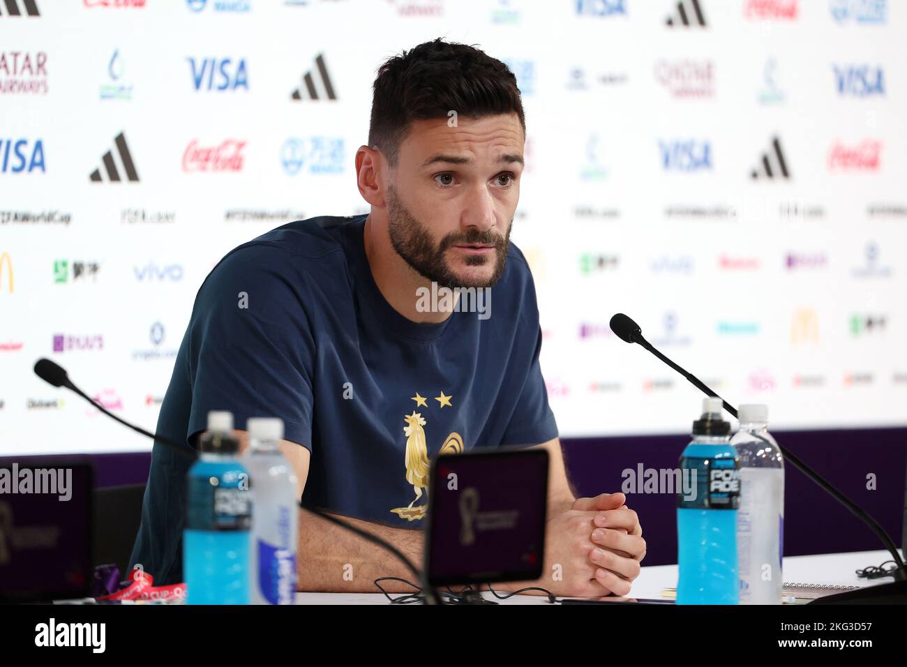France goalkeeper Hugo Lloris speaks during the France Press Conference ...